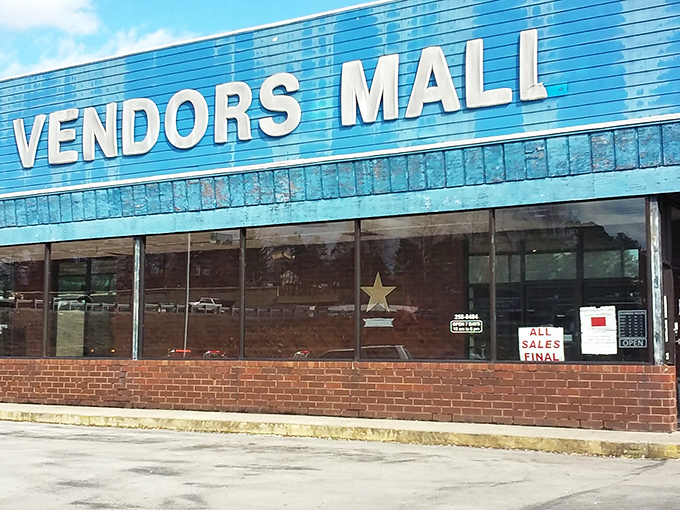 Vendors Mall's bright blue sign promises adventure within. Like a retail TARDIS, it's mysteriously larger on the inside than physics should allow!