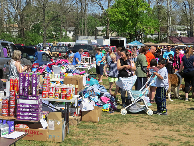 Family day at Willow Glen, where cereal boxes stack like miniature skyscrapers next to mountains of colorful clothing.