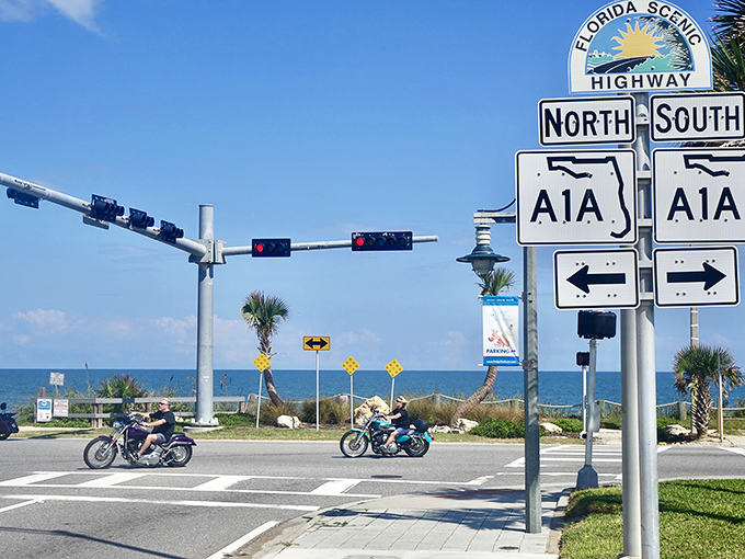 Those A1A signs are like breadcrumbs leading to coastal nirvana, with motorcycles as the preferred chariot.