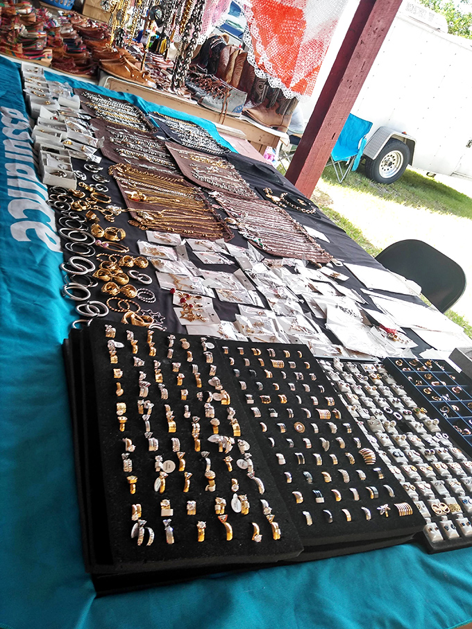 Jewelry heaven awaits the patient treasure hunter. Like archaeological layers, each tray reveals another stratum of potential statement pieces.