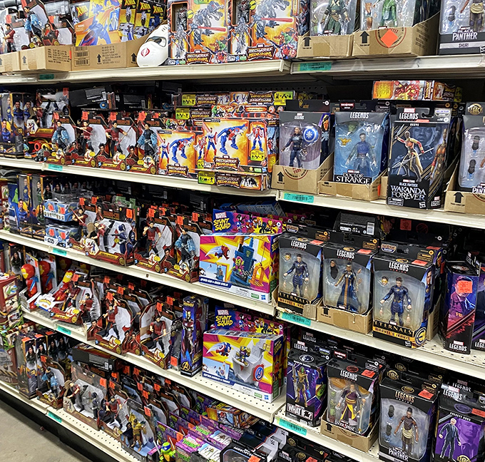 Superhero action figures stand at attention, ready to leap off shelves and into shopping carts at a fraction of big-box store prices.