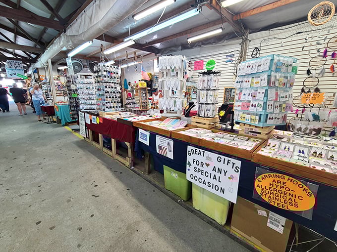 Jewelry heaven awaits the patient browser. Rows of sparkling possibilities line these tables, where your next conversation piece is hiding in plain sight.