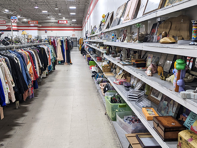 The classic thrift store aisle: clothing on one side, life's forgotten knickknacks on the other. Each shelf holds someone's past waiting to become part of your future.