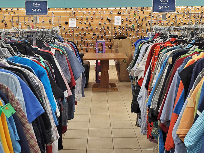 Shirts as far as the eye can see! This colorful corridor of potential wardrobe upgrades is where vintage band tees and forgotten Hawaiian prints find new life.
