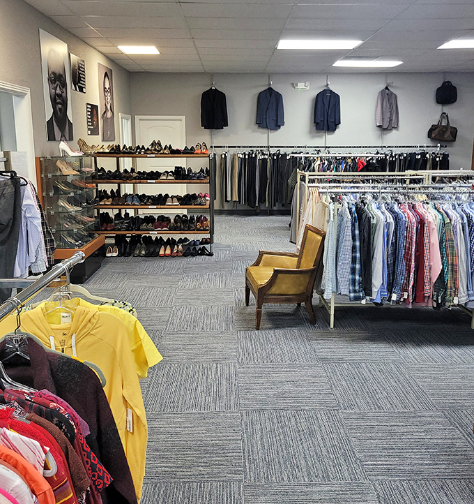 A shoe lover's paradise nestled between racks of pristine button-downs. Marie Kondo would approve of this joyful organization.