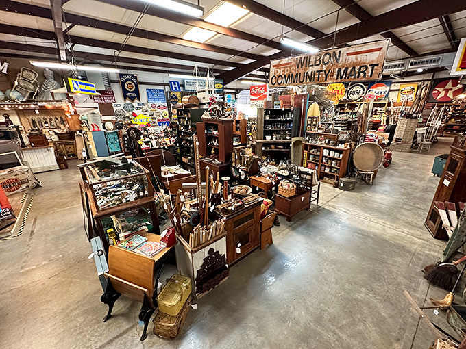 Every corner tells a story in this wonderland of nostalgia, where the Wilson Community Mart sign presides over decades of American ingenuity.
