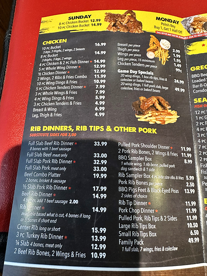 The menu reads like a love letter to meat enthusiasts, with full slabs of beef, pork, and turkey ribs taking center stage in this carnivore's paradise.