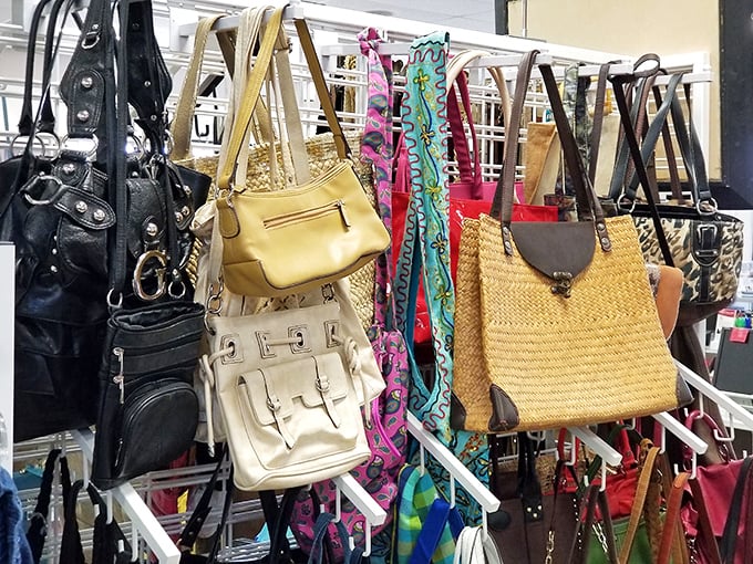 Handbag heaven! From designer-inspired clutches to practical totes, each one hanging here has a story and a future waiting to be written.