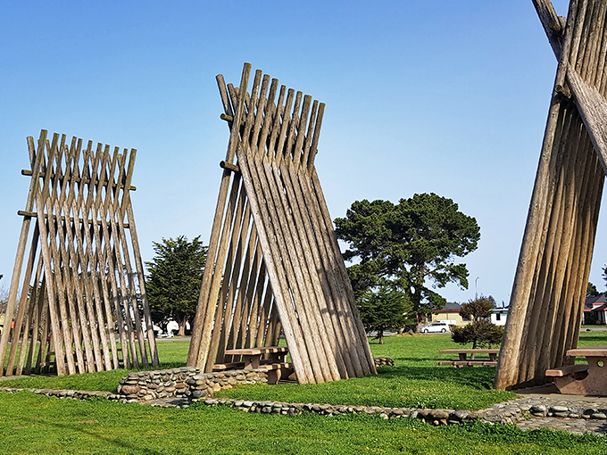 These wooden structures aren't modern art&mdash;they're tsunami memorials. Standing tall against the sky, they remind visitors of nature's power while honoring the community's resilience.