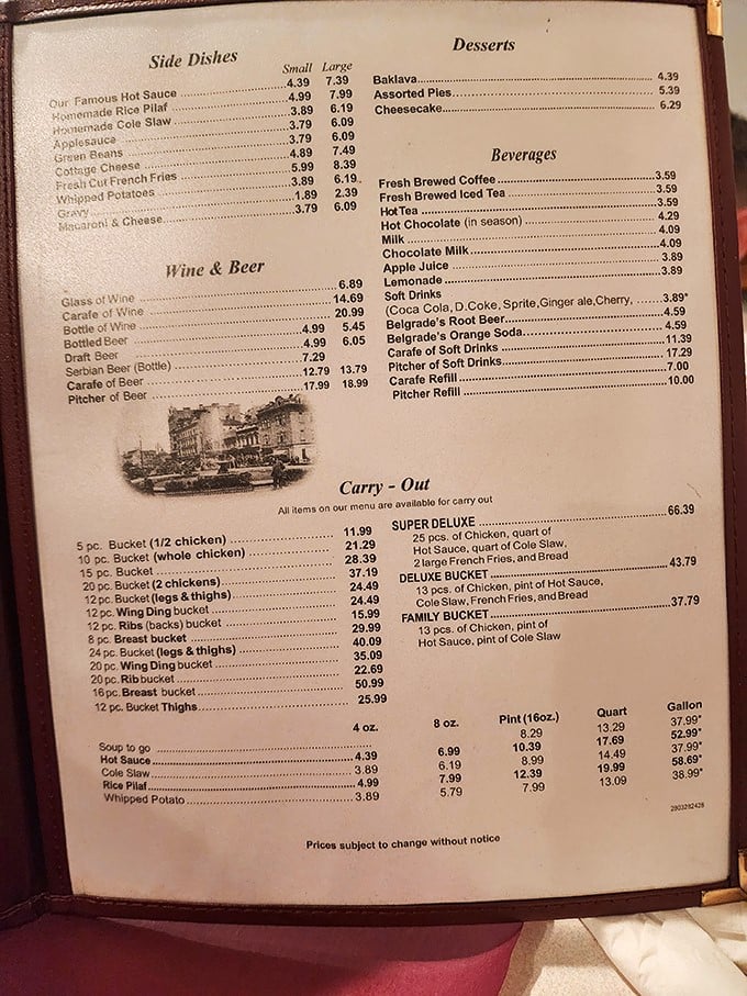 The menu reads like a love letter to simplicity &ndash; chicken, hot sauce, and sides that haven't needed changing for nearly a century.