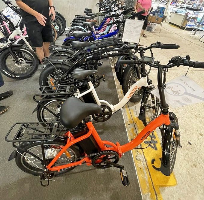 Electric bicycles lined up like eager steeds, ready to transform your daily commute into a leisurely cruise.
