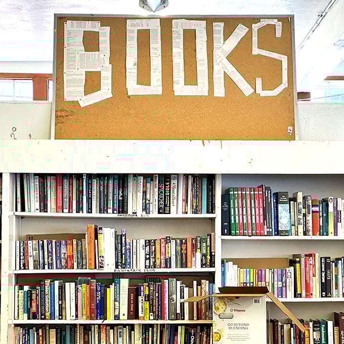 Bibliophiles rejoice! This handcrafted "BOOKS" sign marks the entrance to a literary wonderland where bestsellers cost less than your morning latte.