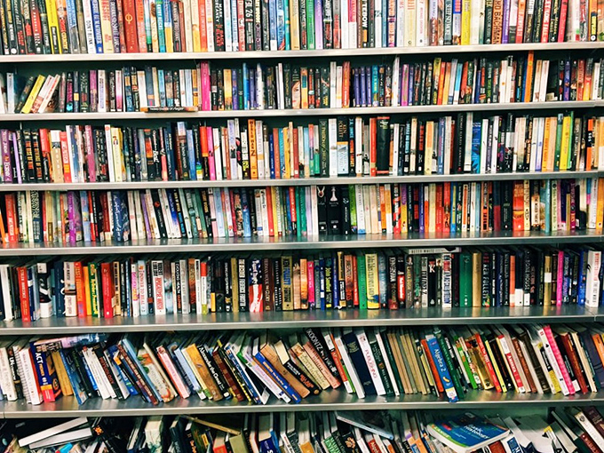 A bibliophile's dream come true! These shelves hold more stories than a Hollywood writers' room, all waiting for their next chapter.