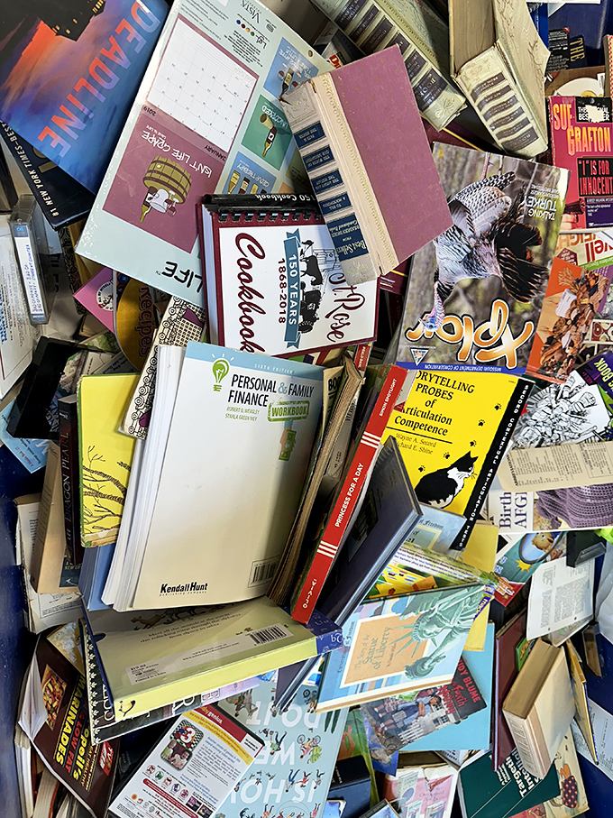Literary gold mines await in these book bins. One person's discarded self-help book is another's life-changing discovery, all for pennies per pound.