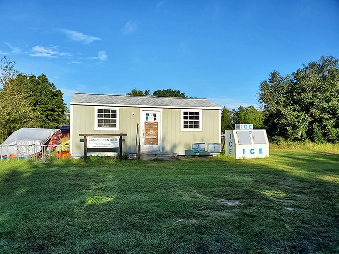 The park's camper canteen stands ready to rescue you from civilization withdrawal with ice and essentials. No fancy coffee drinks here, just pure outdoor living.
