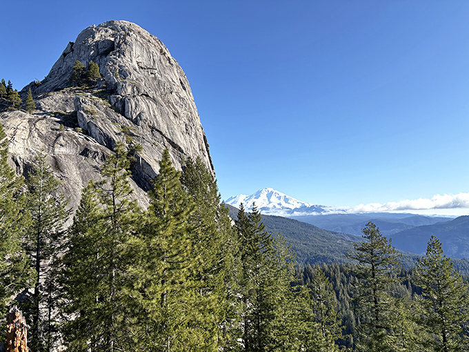 Castle Dome stands sentinel against Mount Shasta's snowy peak. This geological odd couple&mdash;one ancient granite, one volcanic youngster&mdash;creates California's most photogenic mountain vista.