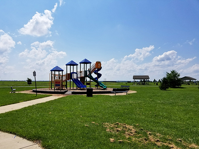 Who needs expensive country club memberships when Charles E. Price Memorial Park offers this playground paradise? Blue skies, green grass, and childhood joy.