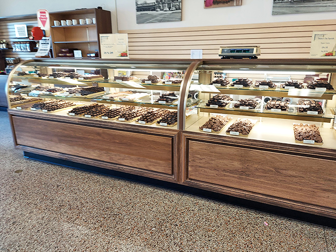Chocolate treasures await behind gleaming glass, arranged with the precision of edible art. Resistance is futile!
