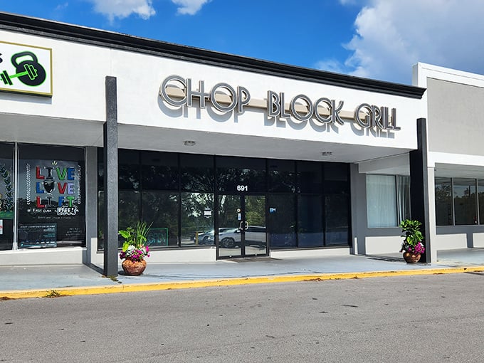 The Chop Block Grill's sleek exterior belies the comfort food waiting inside—proof that affordable dining doesn't mean sacrificing style or flavor.