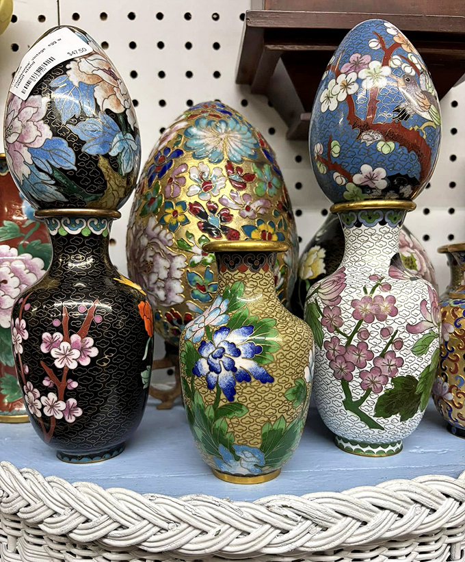 These intricate cloisonn&eacute; vases and eggs aren't just decorative items&mdash;they're tiny masterpieces that survived decades to find their way onto this shelf, waiting for their next admirer.