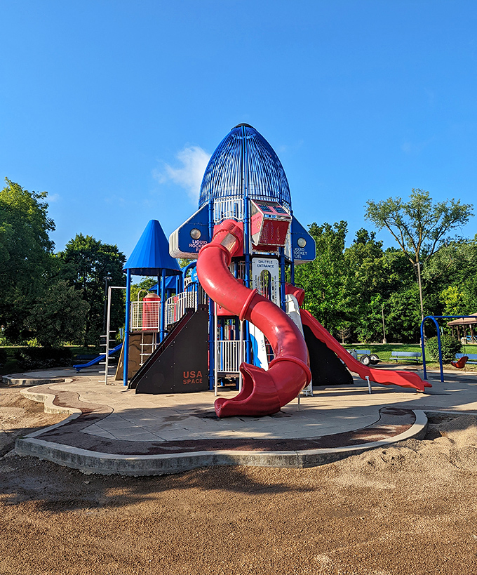 Not just any playground &ndash; this rocket ship structure at Ryan Hummert Park launches imaginations skyward while grandkids squeal down those magnificent red slides.