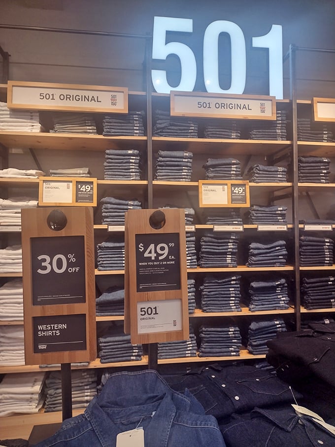 Stacks of classic 501s tower like denim skyscrapers, proving some things never go out of style.