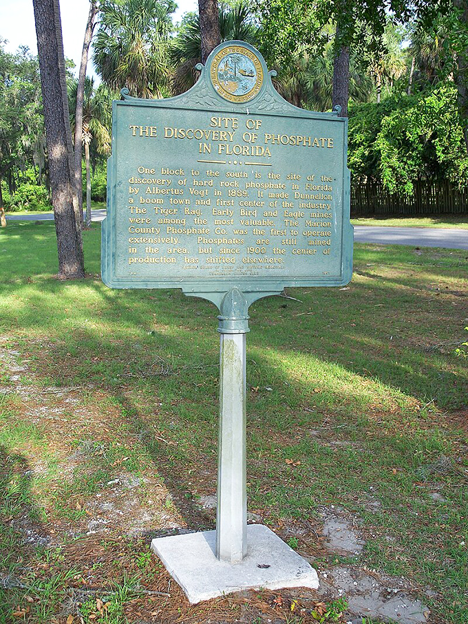 This historical marker tells the tale of Dunnellon's phosphate discovery, the mineral equivalent of striking gold that transformed a sleepy hamlet into a boomtown.