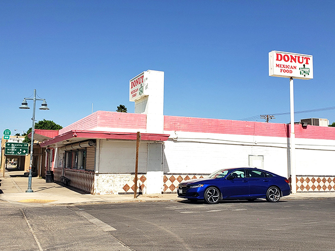 The pink-trimmed Donut Mexican Food combo shop embodies California's culinary fusion culture&mdash;where breakfast pastries and tacos happily coexist under one roof.