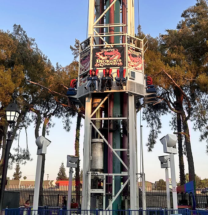 Dragon Tower dares you to face your fears as riders prepare for a heart-stopping drop. The anticipation on those faces tells the whole story!