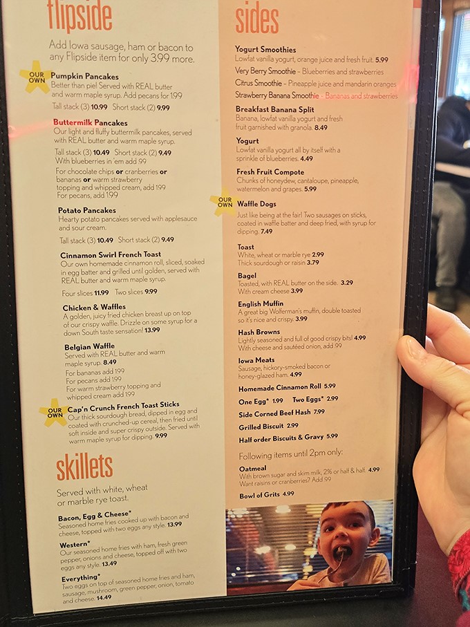 The menu reads like a love letter to American classics &ndash; pancakes with REAL butter, Waffle Dogs, and skillets that could fuel a farm worker all day.
