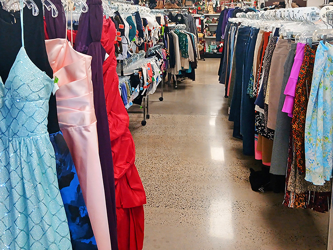 The formal wear section—where prom dresses of yesteryear await their second chance to dance. That blue number is calling your name!