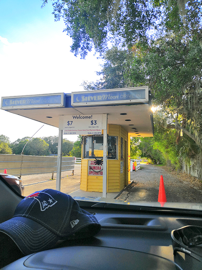 Welcome to movie paradise! The sunny yellow ticket booth serves as your gateway to an evening of double-feature delight.