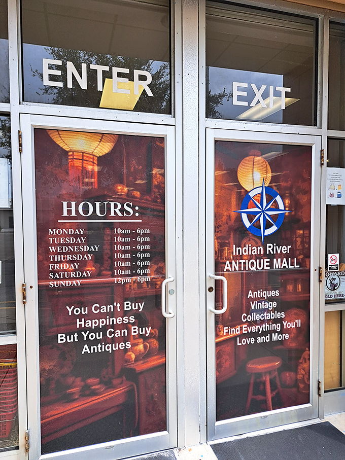 "You can't buy happiness, but you can buy antiques" - truer words were never displayed on a door. The compass logo hints at the journey awaiting inside.