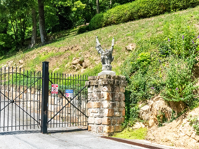 Even the entrance gate makes a statement: "Abandon all ordinary expectations, ye who enter here." That gargoyle isn't just decoration&mdash;it's the bounce