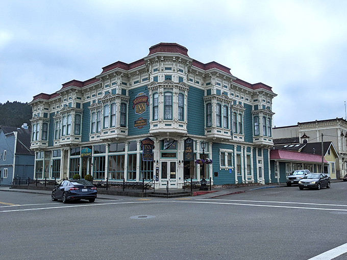 The historic Ferndale Inn stands like a teal sentinel of bygone elegance. With that much gingerbread trim, even Hansel and Gretel would be impressed.