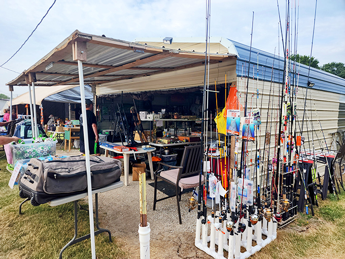 Fishing enthusiasts flock to this tackle paradise where rods stand at attention like soldiers, waiting for their next adventure on Missouri's lakes.