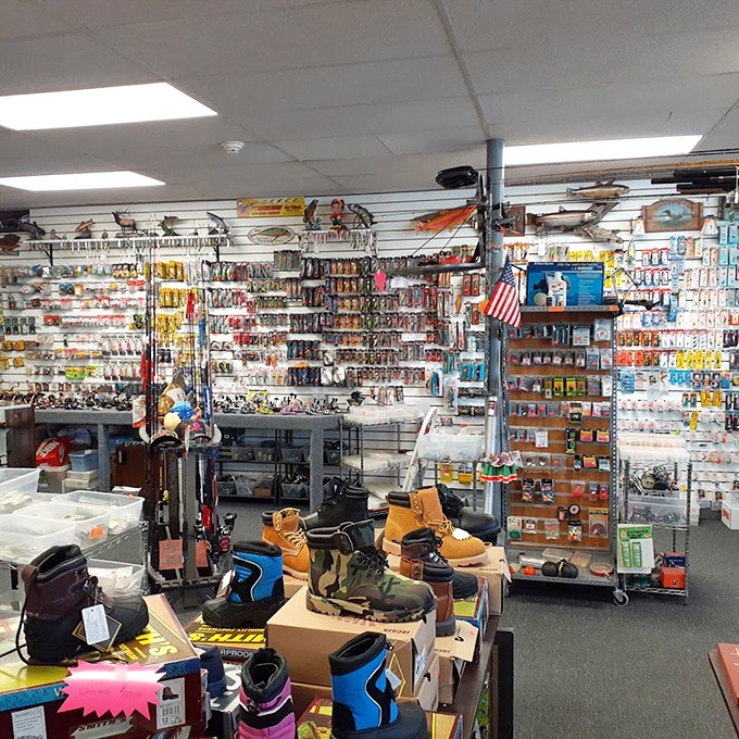 A wall of possibility for outdoor enthusiasts. This fishing gear display could outfit an entire lake's worth of anglers from novice to "the one that got away" storytellers.