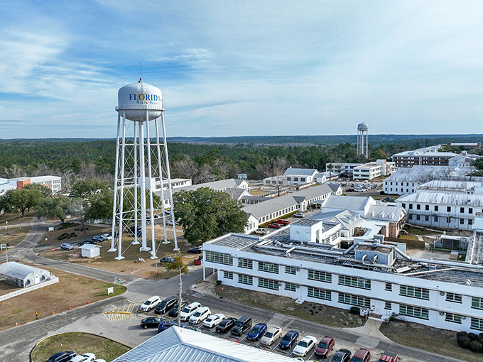 The iconic water tower stands tall against Florida's blue sky, a beacon of small-town identity visible from nearly every corner of Chattahoochee. 