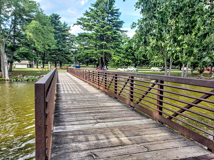 This wooden bridge isn't just a path across water—it's an invitation to adventure, connecting the everyday world to Harrison Lake's peaceful wilderness.
