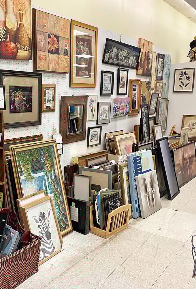 Wall-to-wall artwork waiting for its forever home. That zebra print might just be the conversation starter your living room desperately needs.