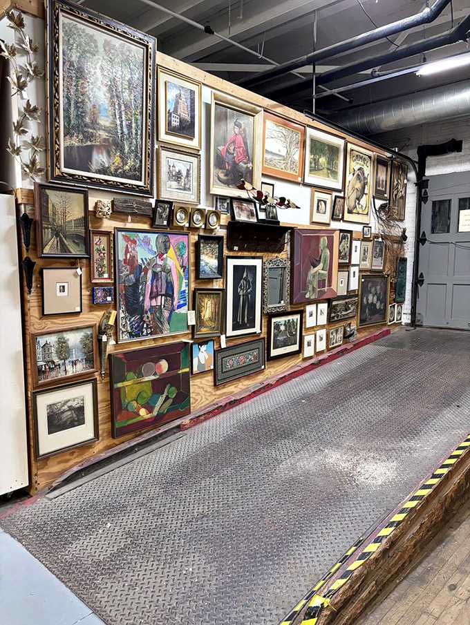 Wall-to-wall artwork creates a gallery effect that would make museum curators jealous. Somewhere in there is the perfect conversation piece for your living room.