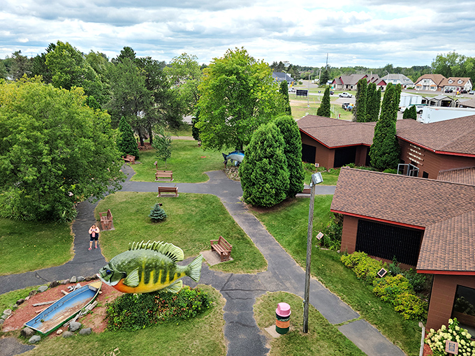 The famous giant muskie at the Fresh Water Fishing Hall of Fame stands guard over Hayward's grounds, proving Wisconsin knows how to celebrate its fishing heritage.