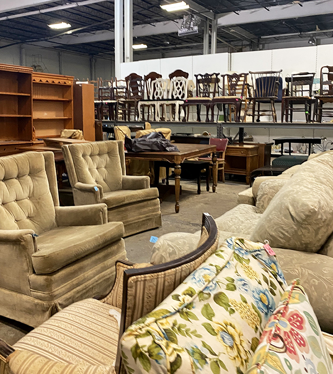 The furniture section: where mid-century meets last-Tuesday, and every piece has stories etched into its wood grain.