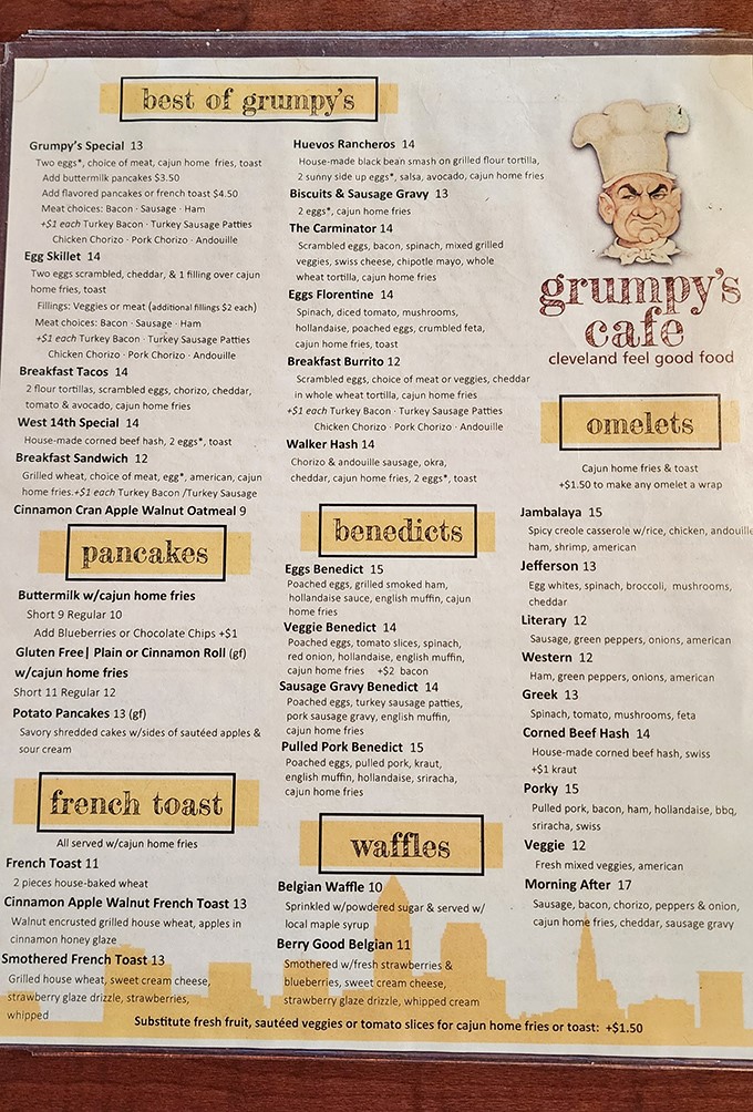 The menu that launched a thousand cravings. Grumpy's offerings read like a love letter to breakfast enthusiasts&mdash;comprehensive without being overwhelming, creative without being pretentious.