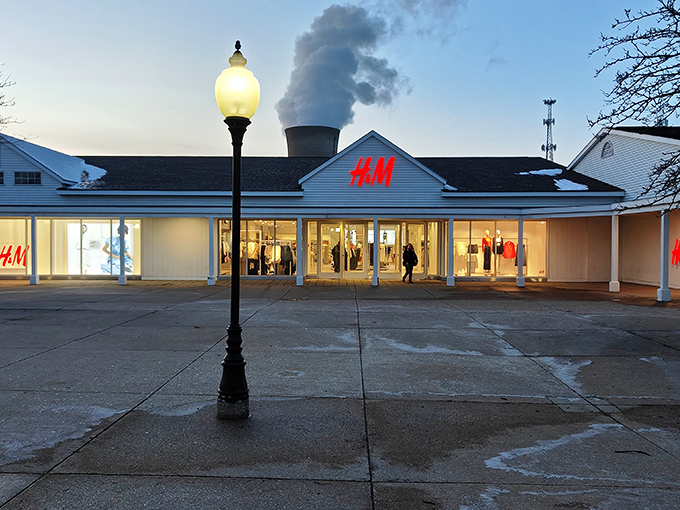 H&M glows like a beacon of Swedish style against the Indiana twilight sky.