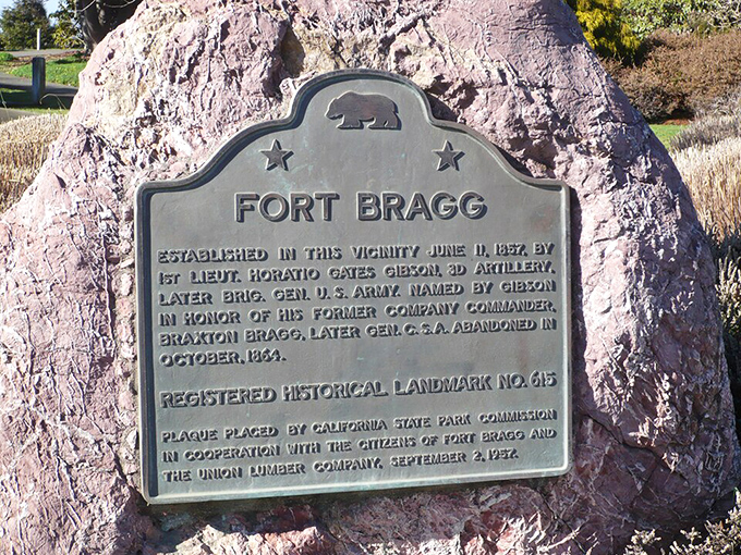 History buffs rejoice! This landmark plaque reveals Fort Bragg's military origins before it transformed into the coastal gem we know today.