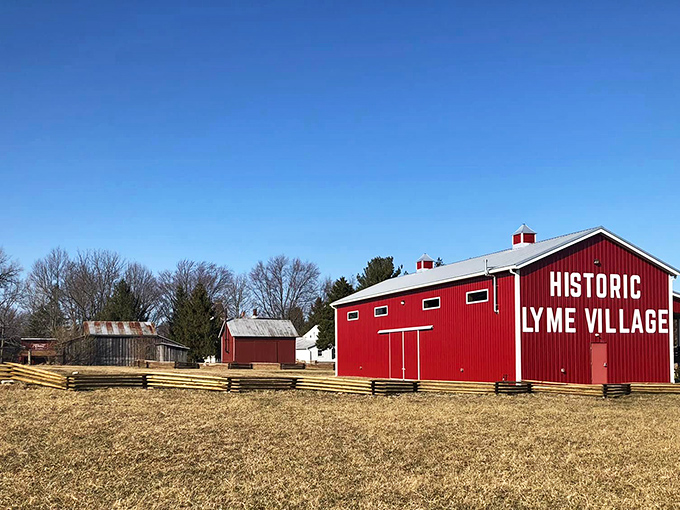 At Historic Lyme Village, that brilliant red barn isn't shouting for attention&mdash;though it certainly deserves it. Rural history preserved in living color.