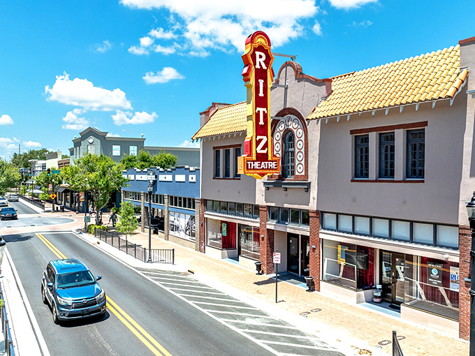 The historic Ritz Theatre's iconic marquee has been lighting up Winter Haven nights since 1925, promising entertainment without coastal premiums.