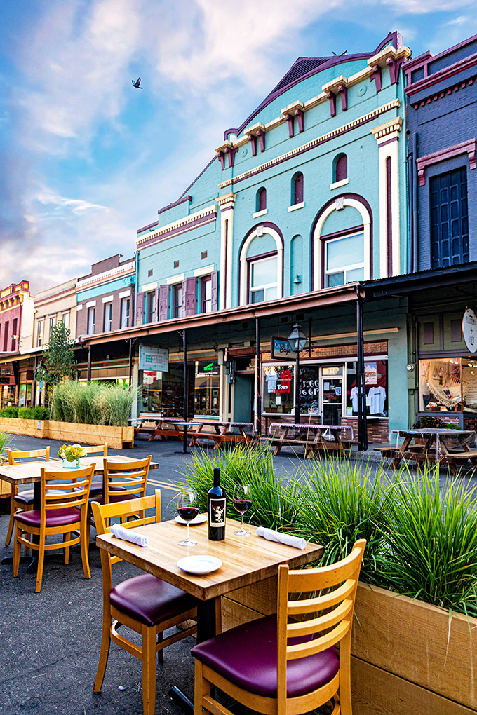 Where Gold Rush dreams meet modern-day coffee shops, and somehow everyone wins in this architectural time warp.