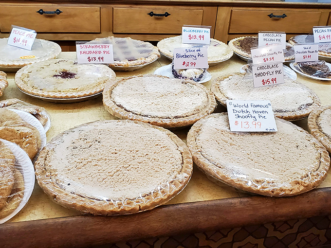 Behold the pie counter where golden Shoo-Fly masterpieces await their moment of glory in your belly.